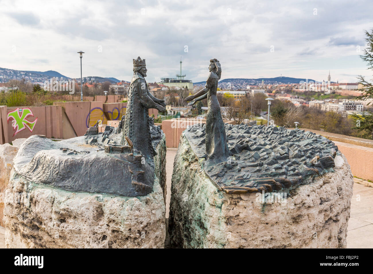 Sculpture prince Buda and princess Pest, with the Danube in the middle ...