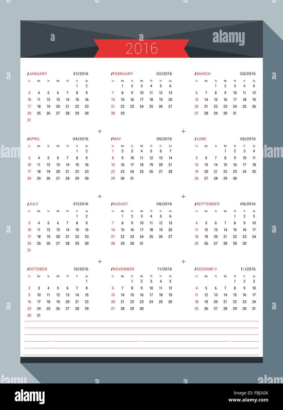 Calendar for 2016 Year. Vector Design Print Template. Week Starts ...
