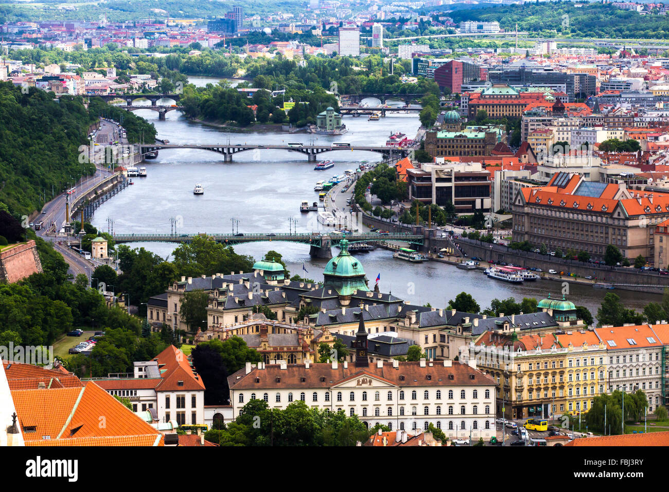 Tourism and sightseeing, panoramic view over river Vltava, Prague Bridges. Good weather, summer ...