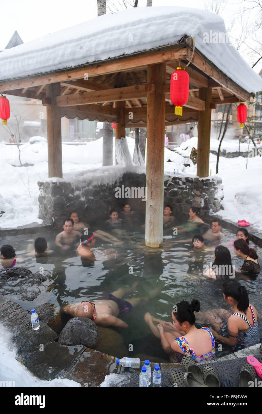 Changbai Mountain. 16th Jan, 2016. Tourists enjoy hot spring bath at ...
