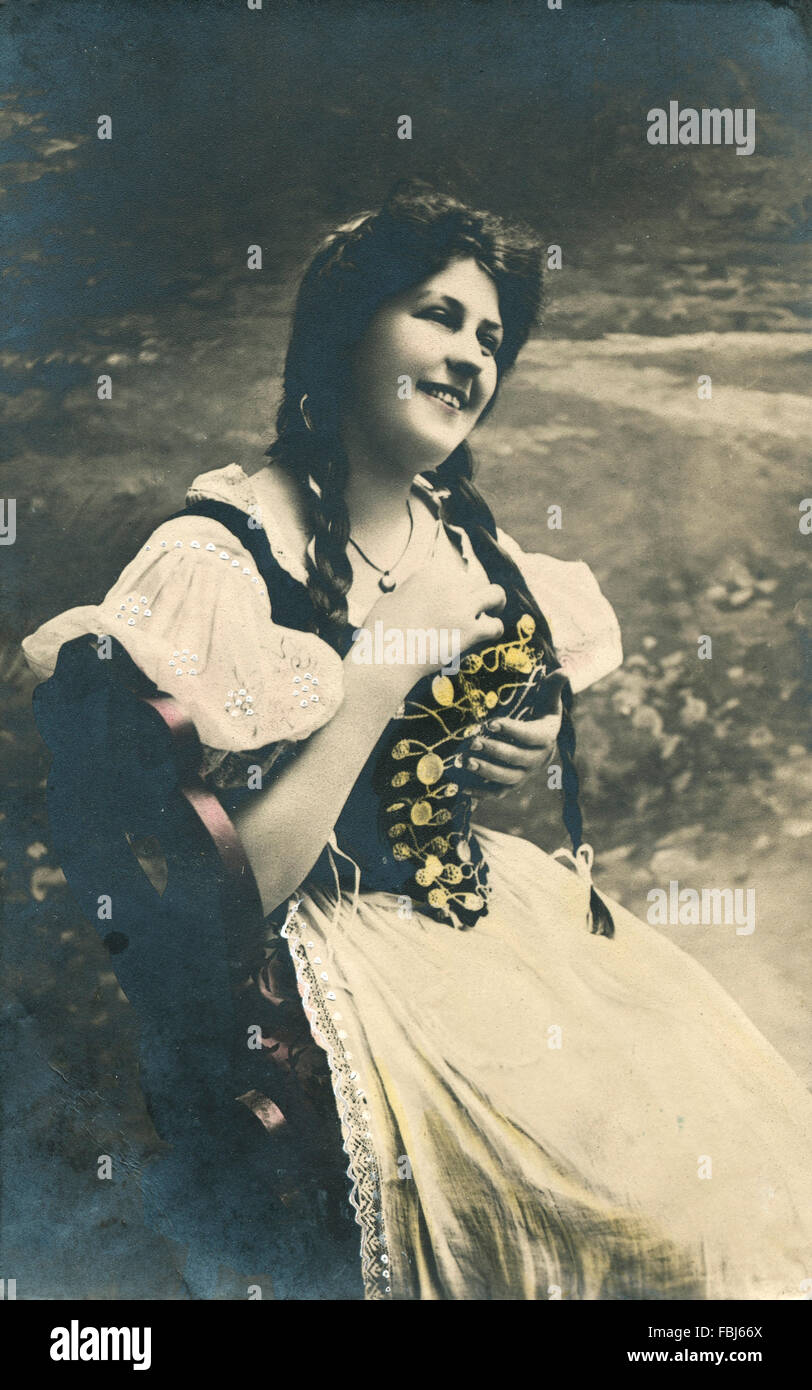 Postcard, historical, woman, traditional costume, plaits, smiling Stock ...