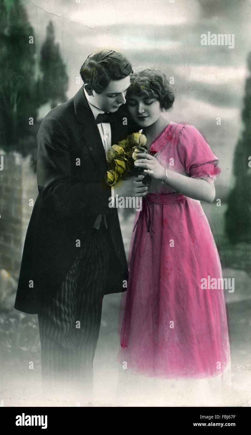 Postcard, historical, couple, young, in love, flowers, romantic Stock ...