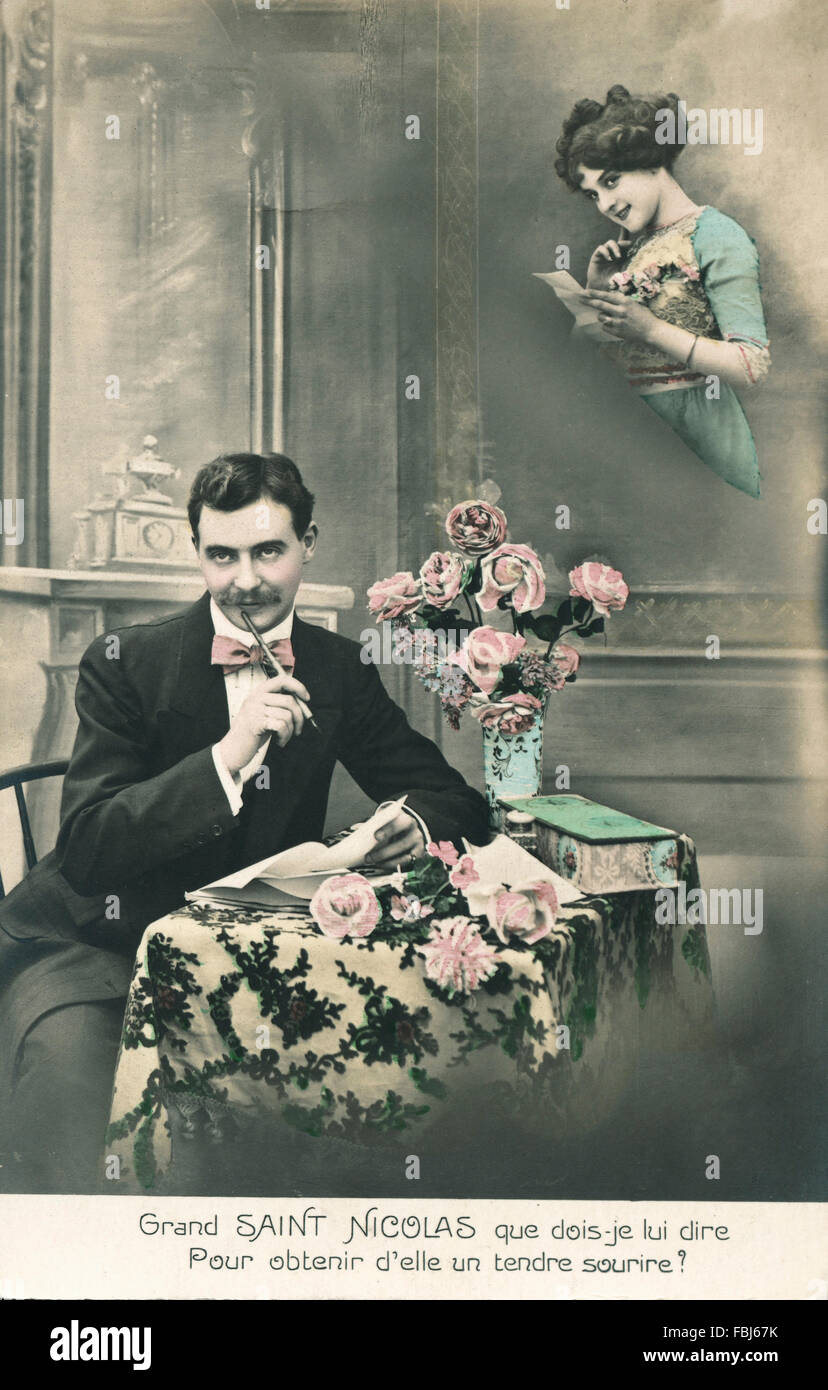 Postcard, historical, man writing love letter, thinking, thoughts Stock ...