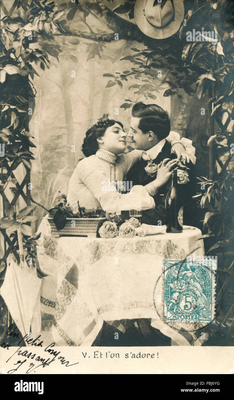 Postcard, historical, couple, in love, embrace, romantic Stock Photo ...