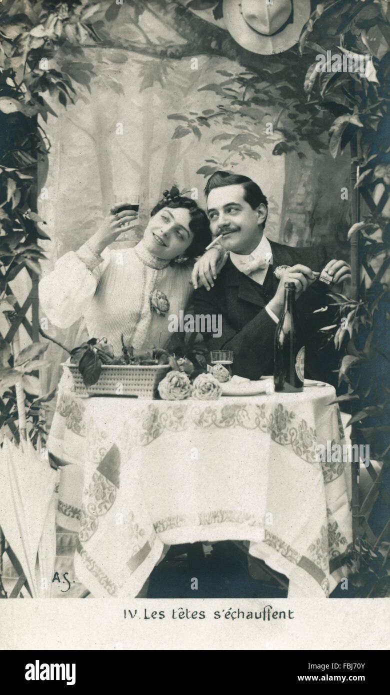 Postcard, historical, couple, drinking wine Stock Photo - Alamy