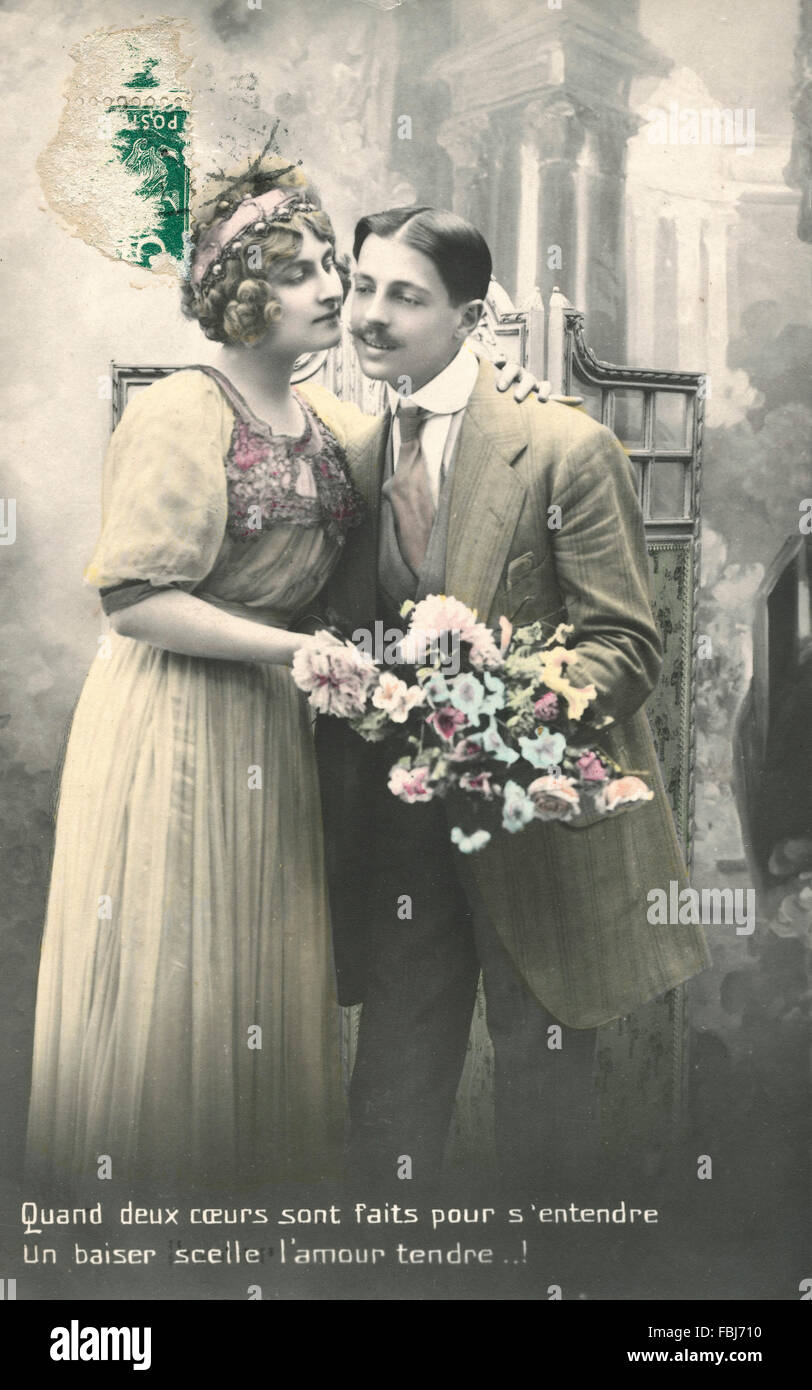Postcard, historical, couple, in love, flowers Stock Photo - Alamy