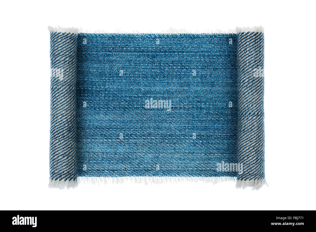 Denim frame folded in the form of manuscripts, on a white background ...