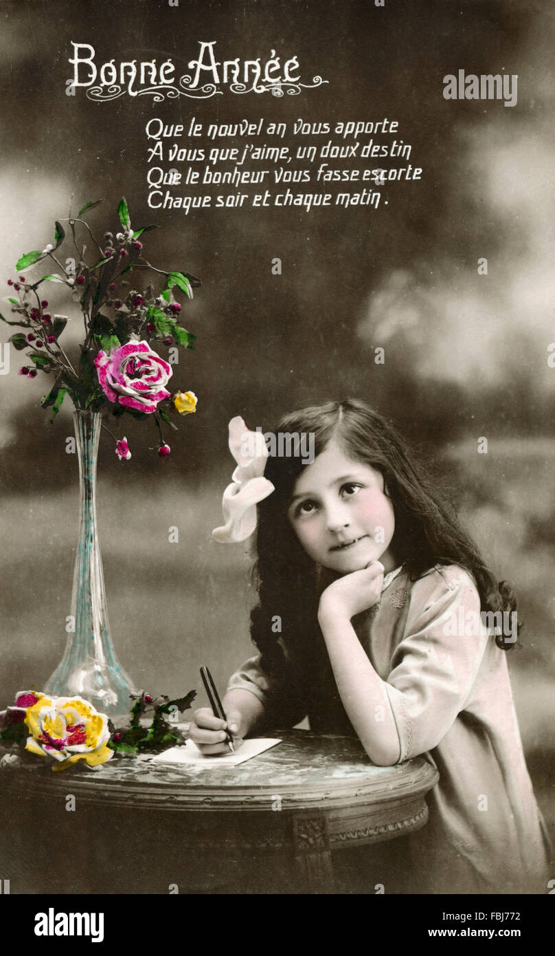 Postcard, historical, girl, writing, New Year's wishes, Bonne Annee ...