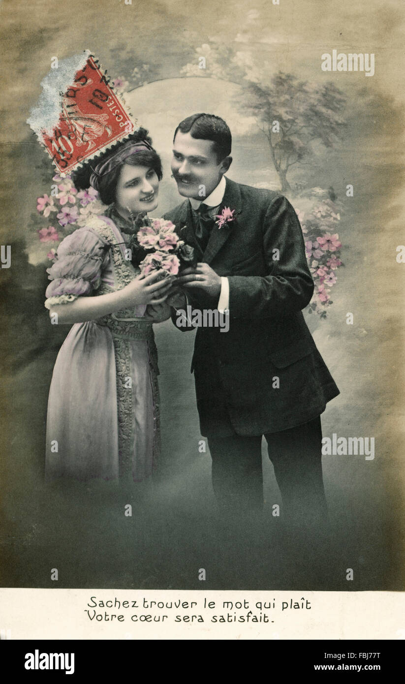 Postcard, historical, couple, flowers, happy, in love Stock Photo - Alamy