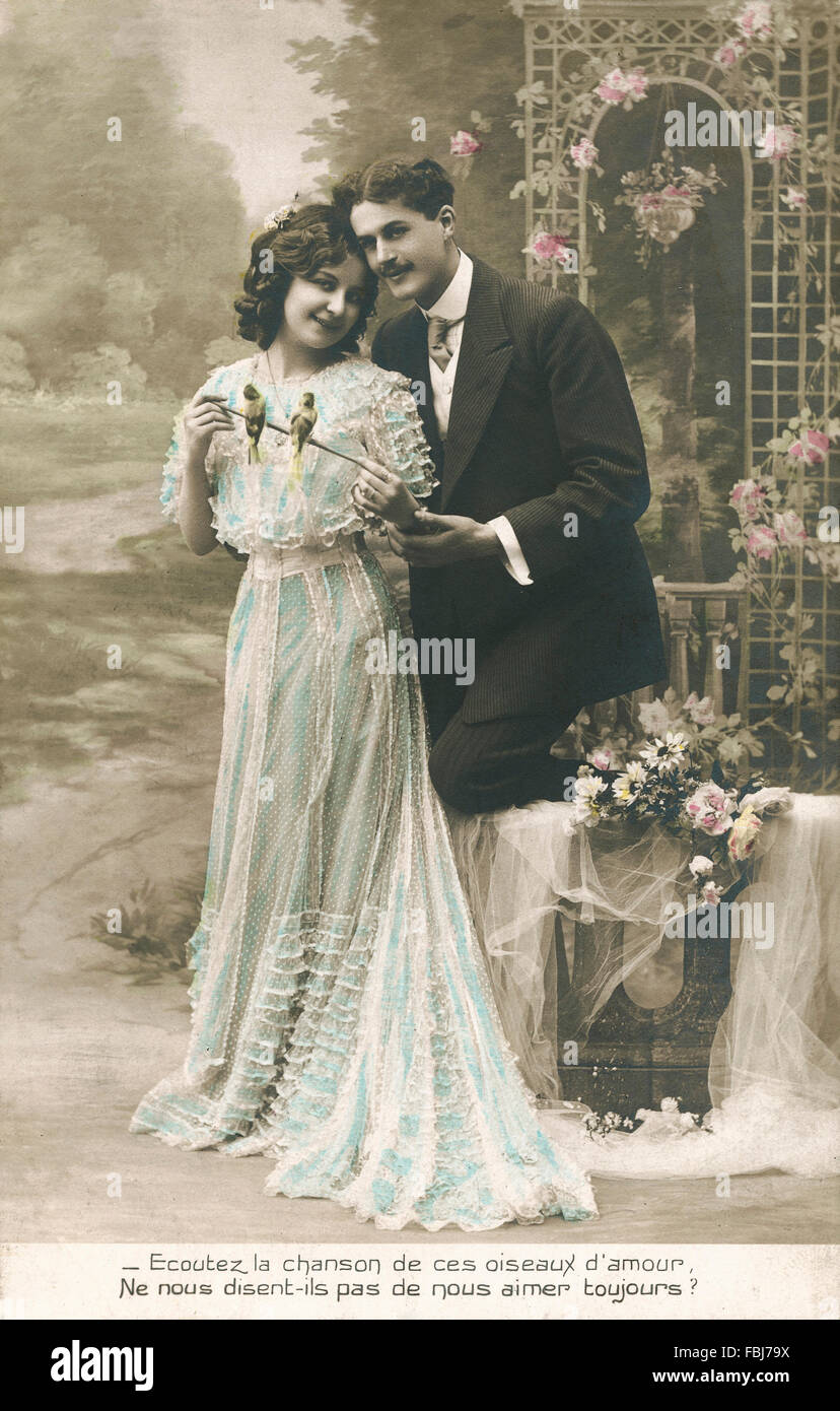Postcard, historical, couple, happy, in love, birds Stock Photo - Alamy