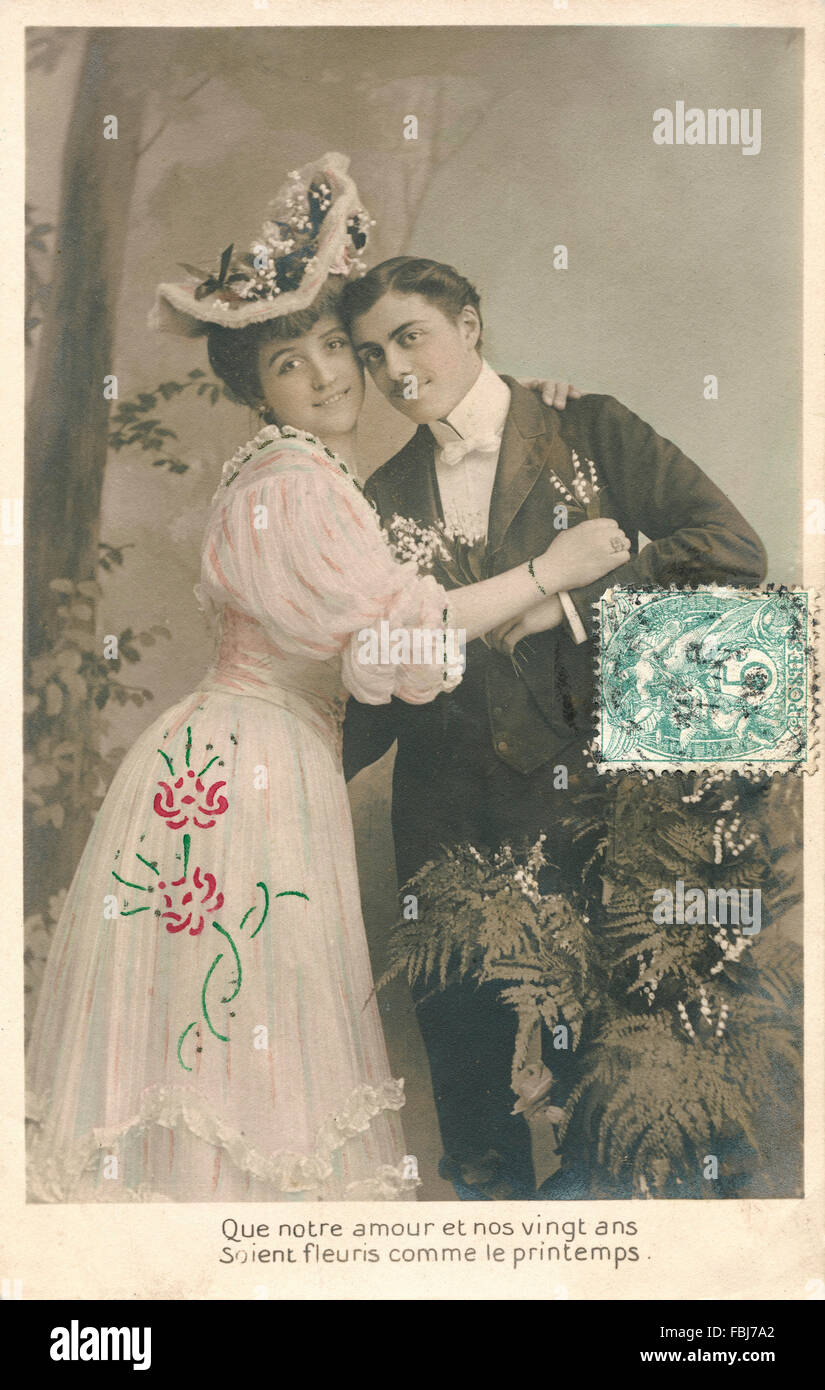 Postcard, historical, couple, young, happy, embrace Stock Photo - Alamy