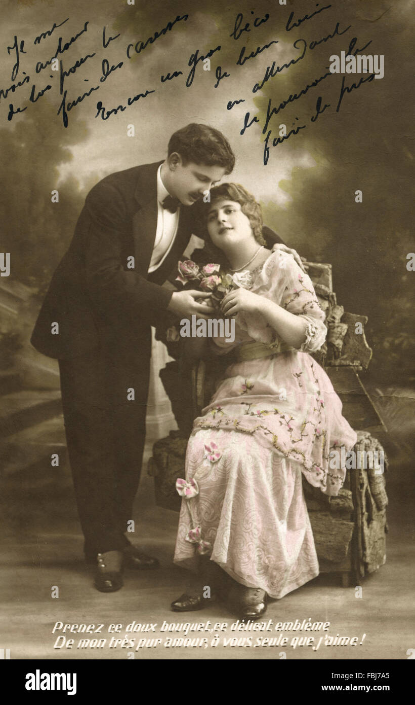 Postcard, historical, couple, young, happy, in love, roses Stock Photo ...