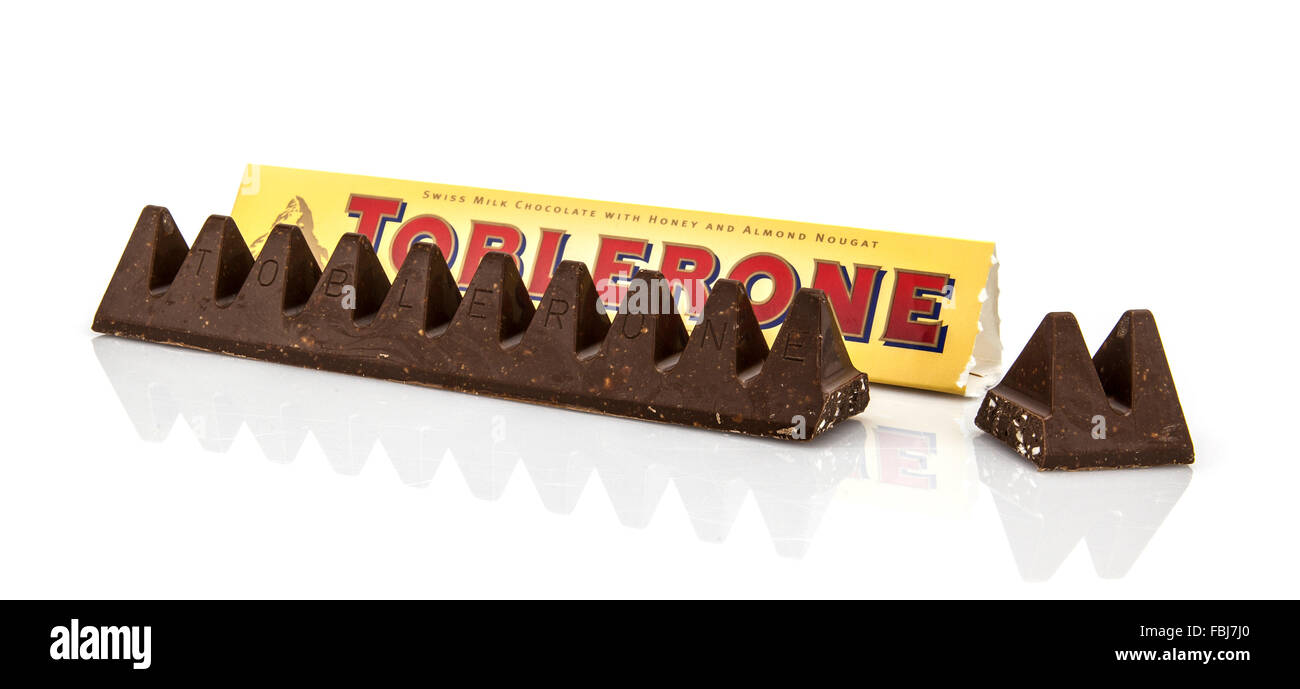 A bar of Toblerone - Swiss milk chocolate with honey and almond nougat ...