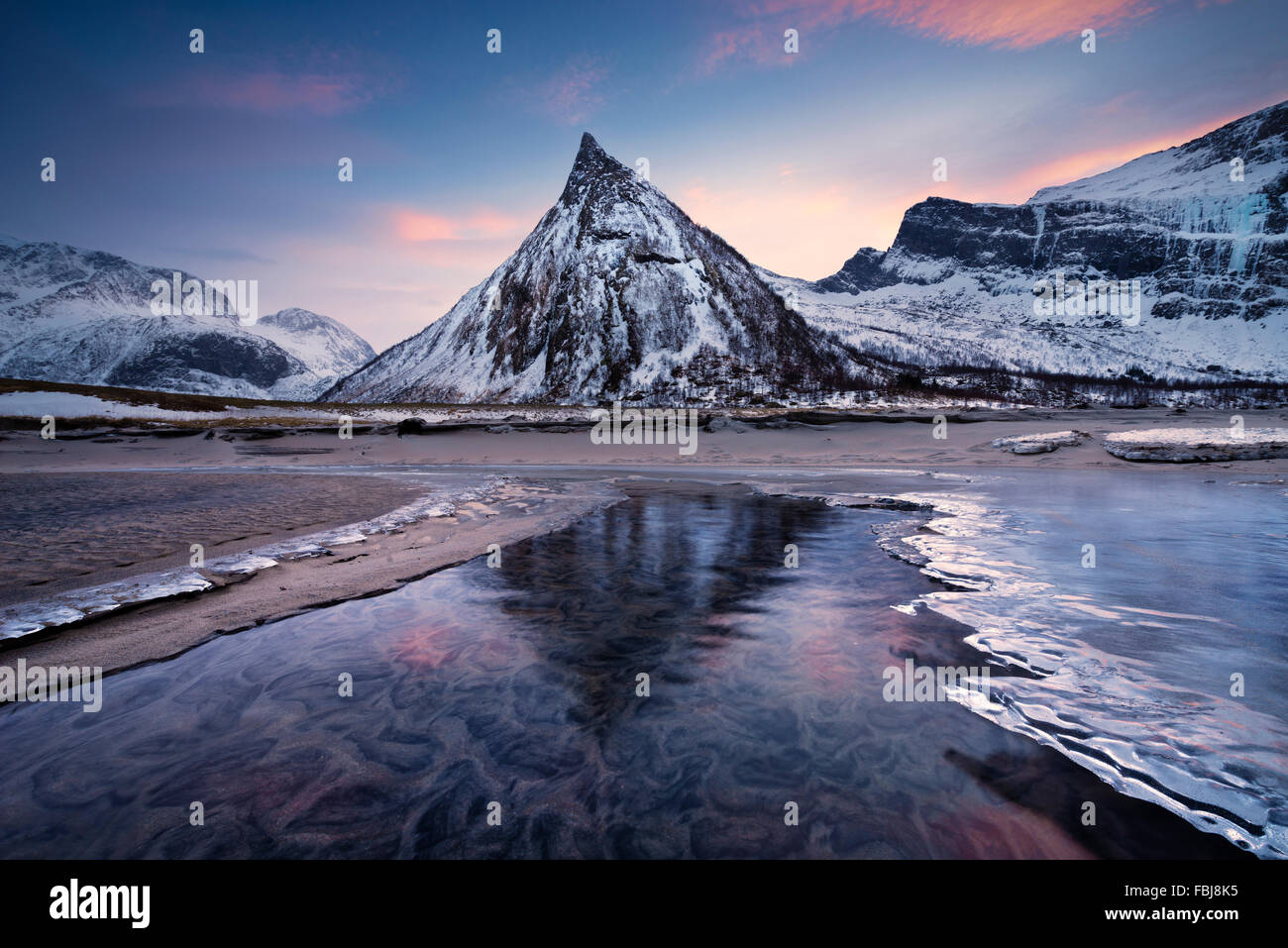 Norway, Senja, island, fjord, beach, light, reflection, mountain ...