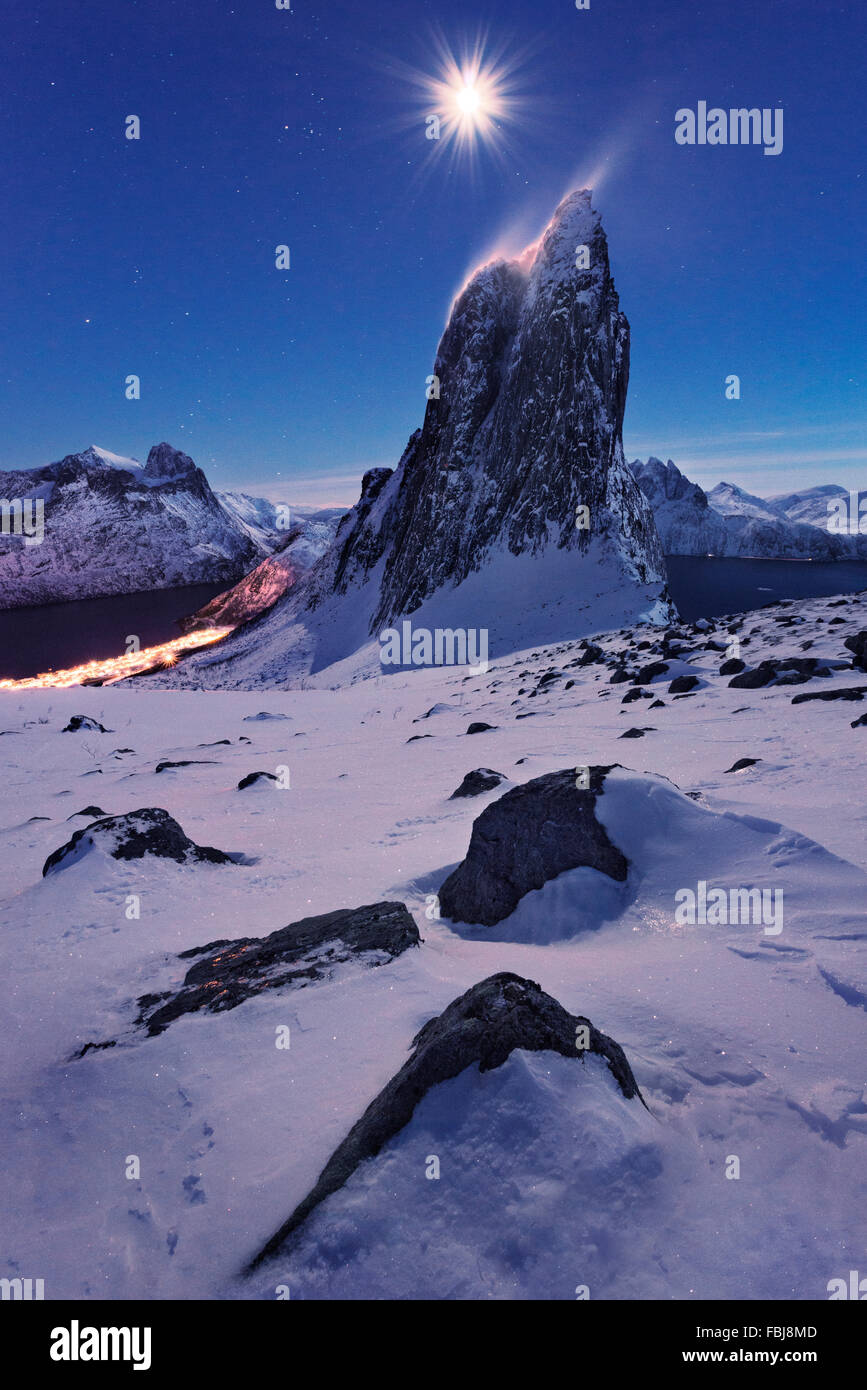 Norway, Senja, island, Segla, mountain, moon, back light, winter, stars ...