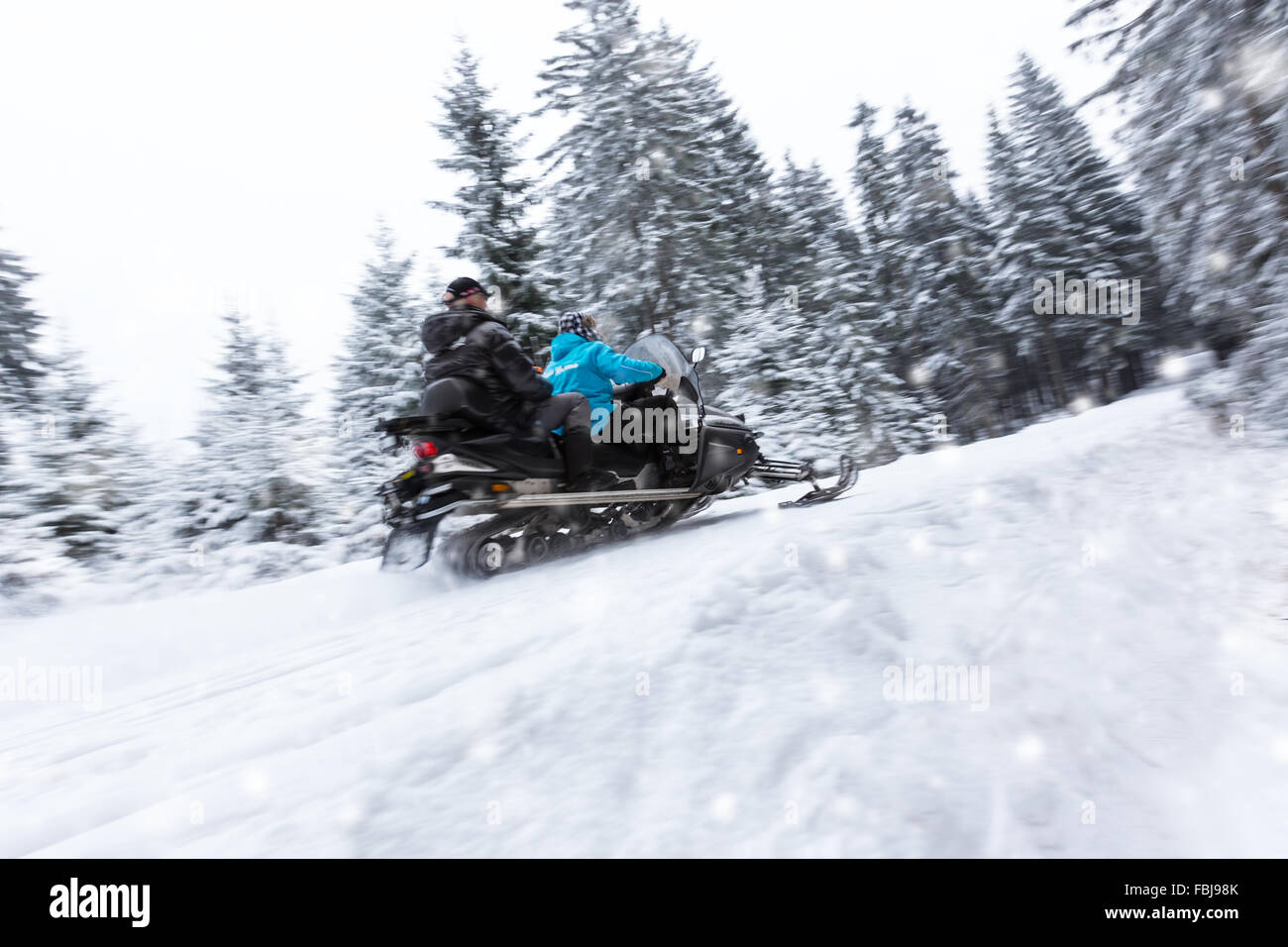 Snowmobile on winter forest road Stock Photo - Alamy