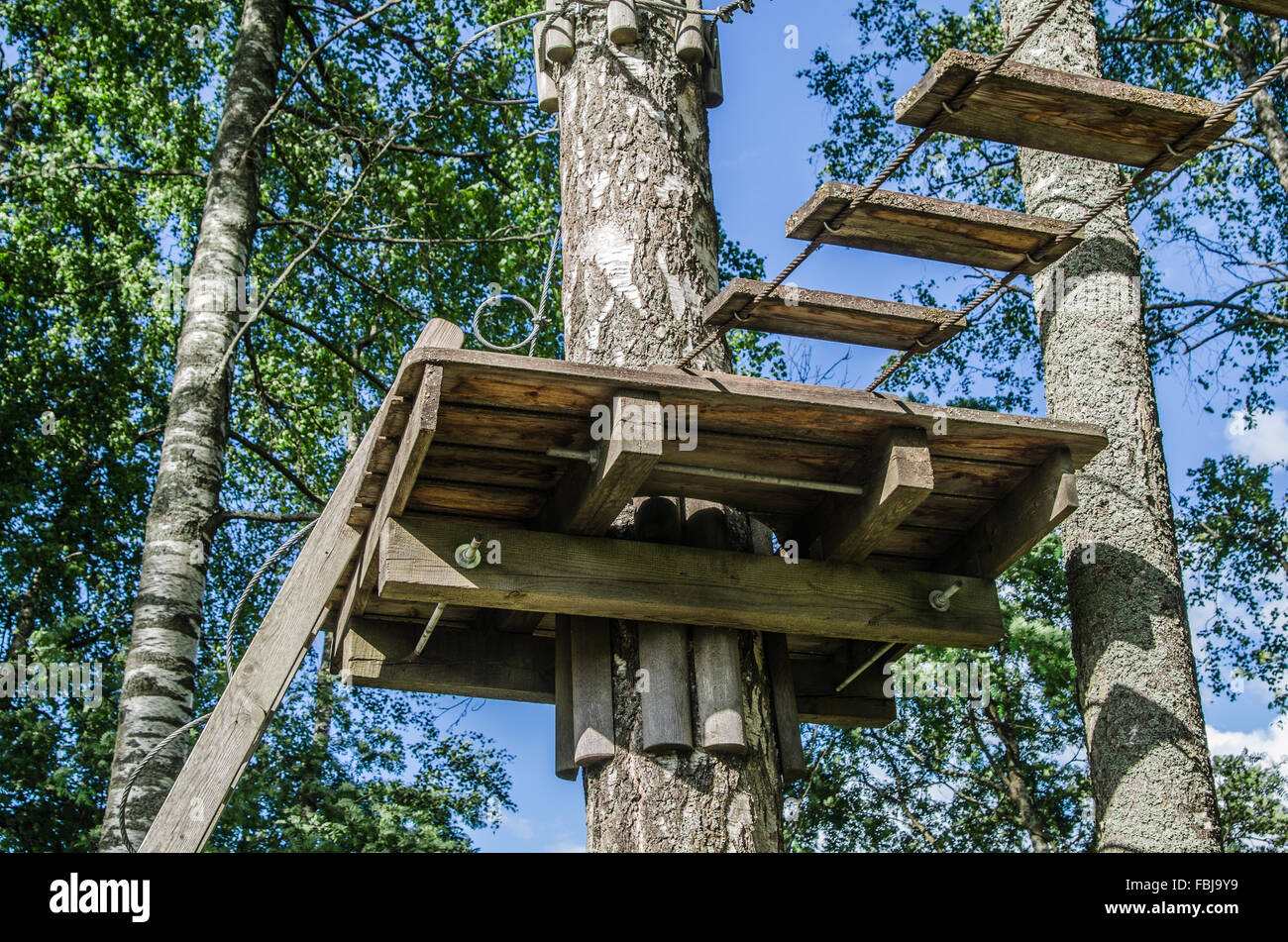 Dangerous ropeway with tether in rope park, trees with green leaves ...