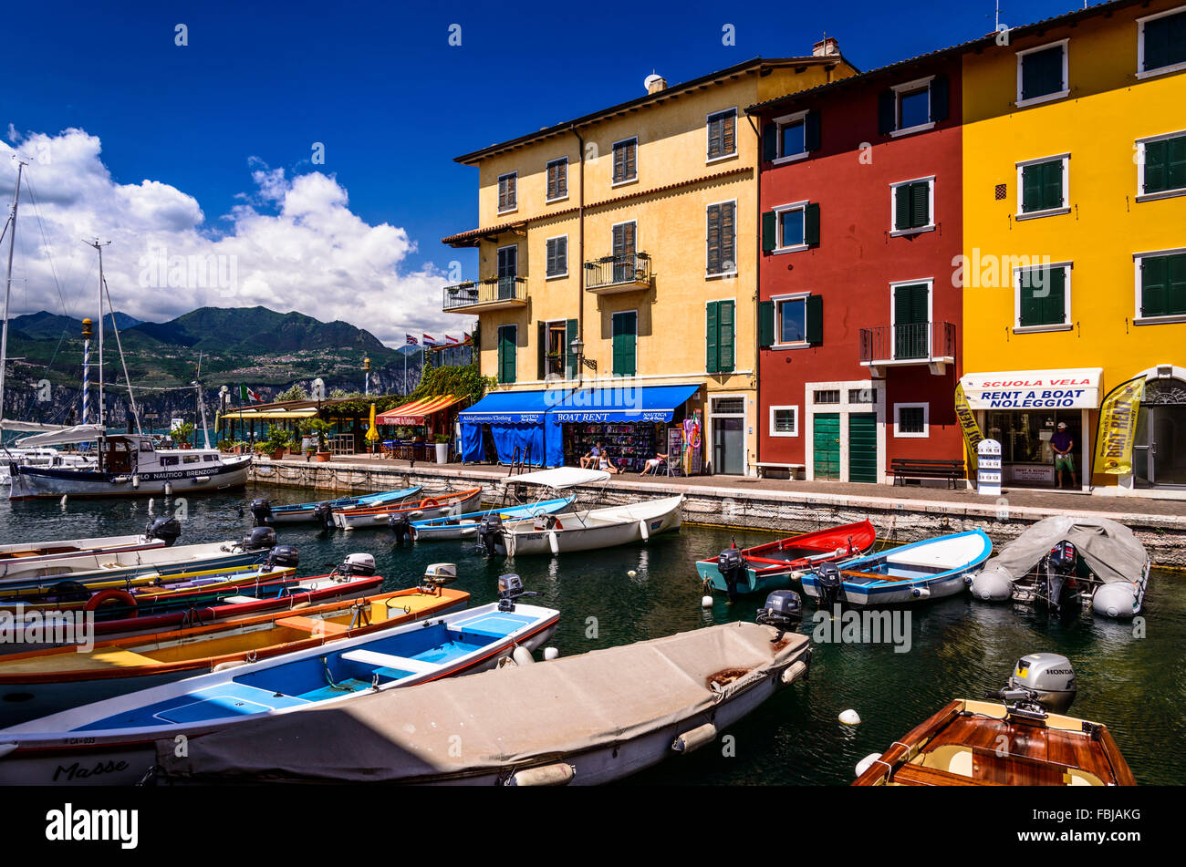 Italy, Veneto, Lake Garda, Castelletto di Brenzone, harbour Stock Photo ...