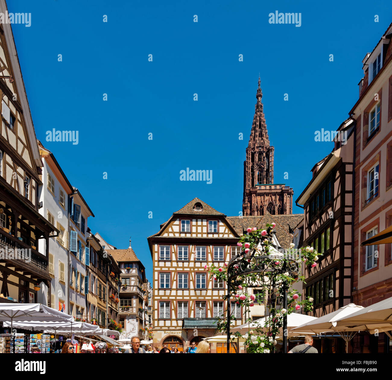 Market square (Place de la Grand Boucherie) and cathedral of Strasbourg ...