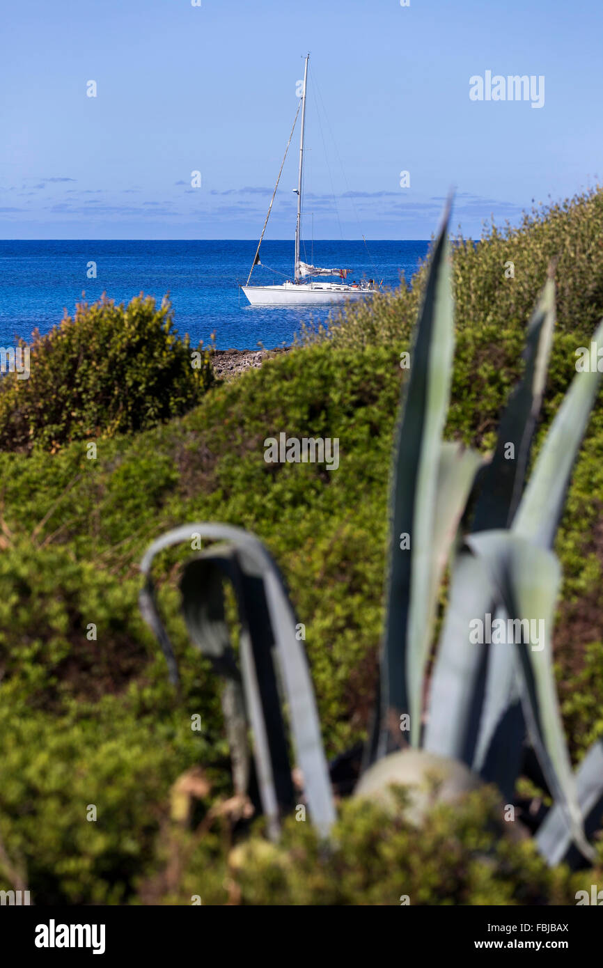 Sailboat, Cala de Binsafuller, bay at the southeast coast of the island ...