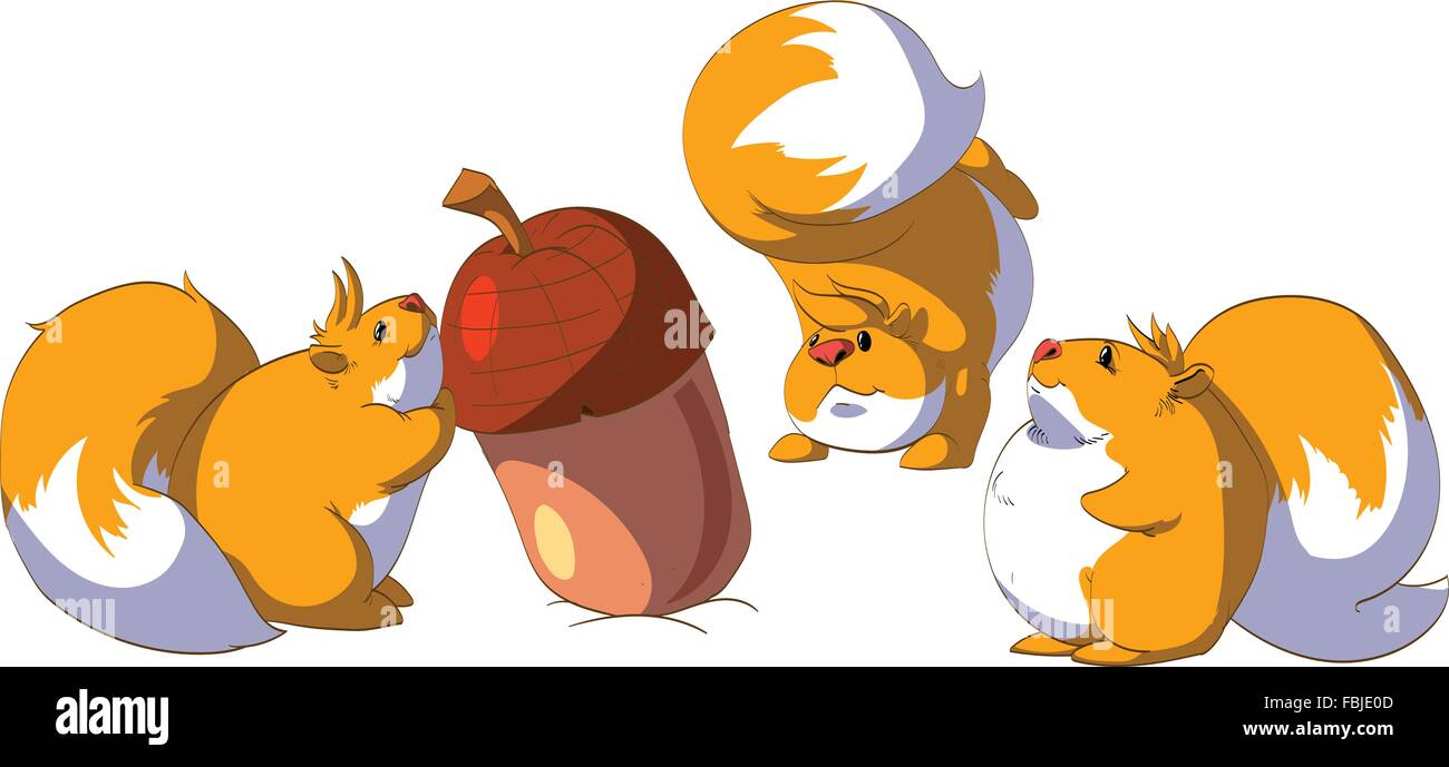 Cartoon illustration of three squirrels surrounding a giant nut Stock ...