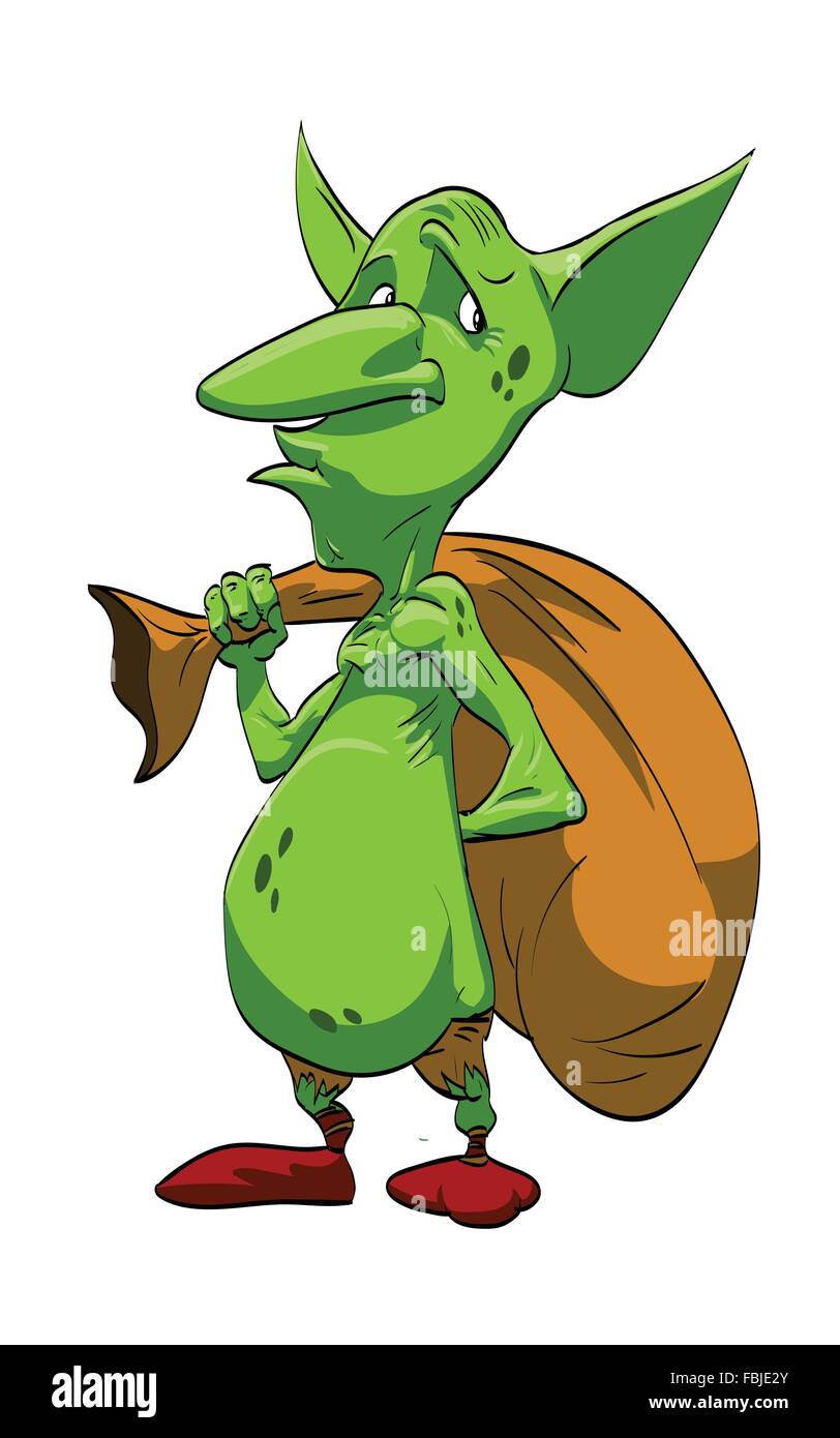 Colorful vector illustration of a green goblin thief, with a bag of ...