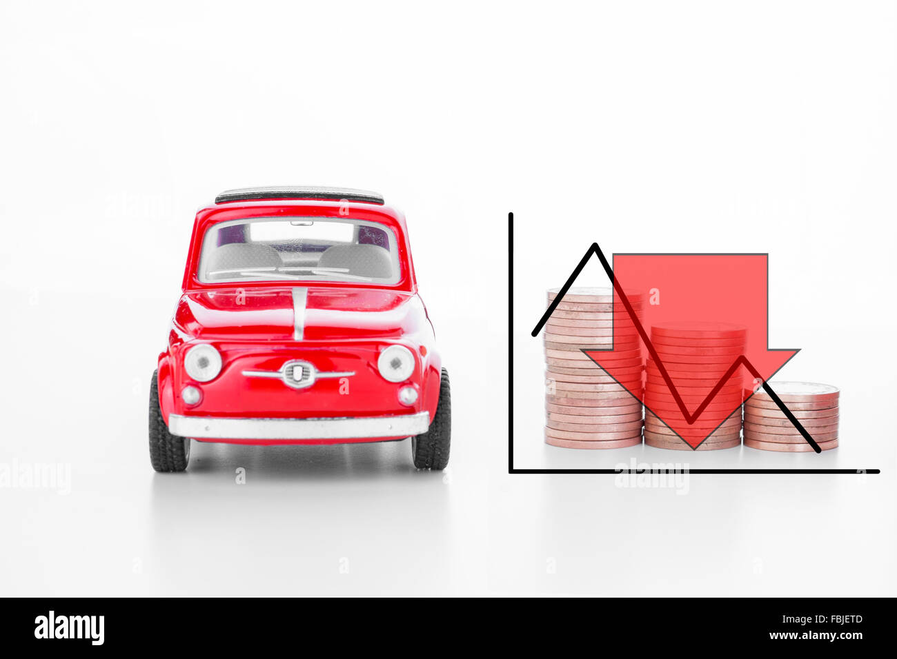 A car with decreasing coins, indicating a decrease in value/earnings ...