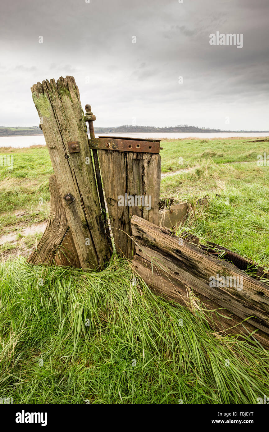 The rudder of a decaying wooden barge at the Purton Hulks ships ...