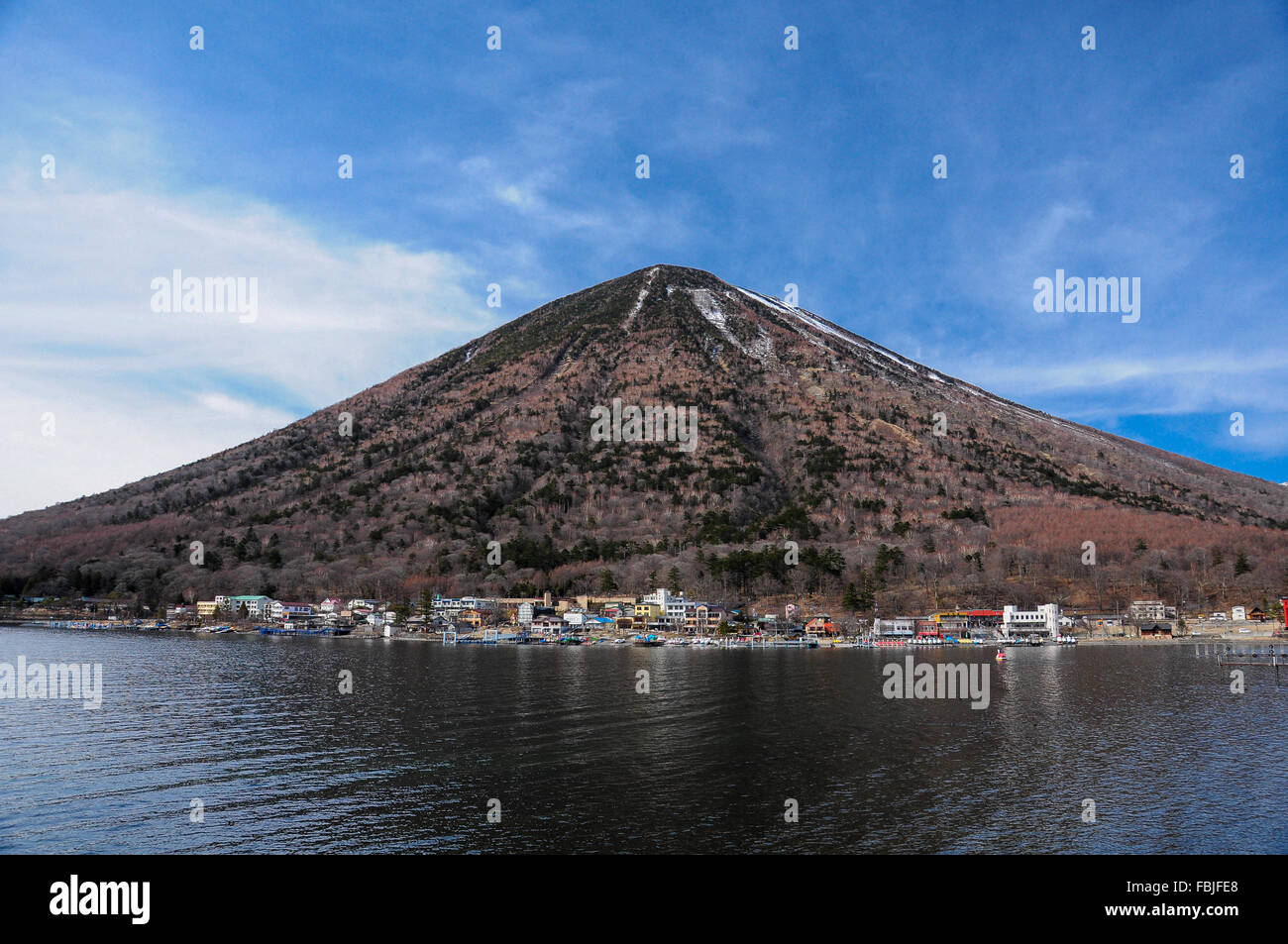 Nantai mountain and Chuzenji lake in spring season, Nikko, Japan Stock ...
