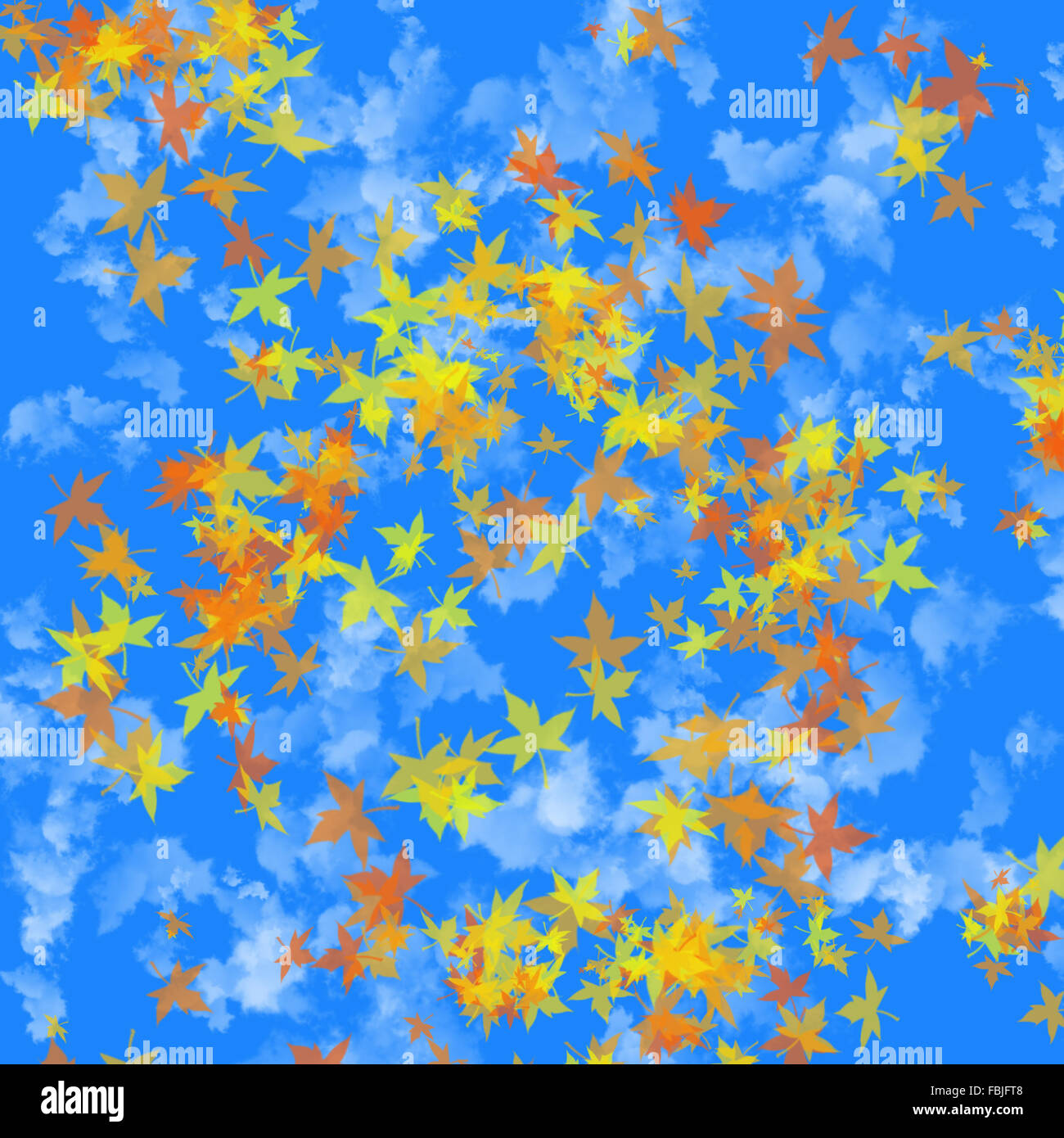 Seasonal autumn background with colorful fallen leaves and white clouds ...