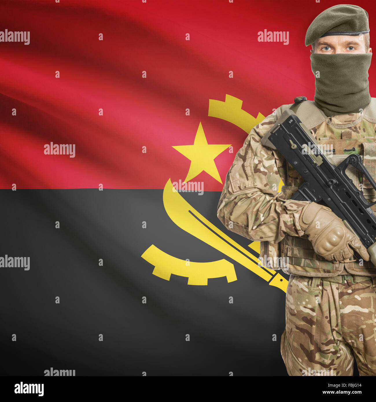 Soldier with machine gun and national flag on background series ...