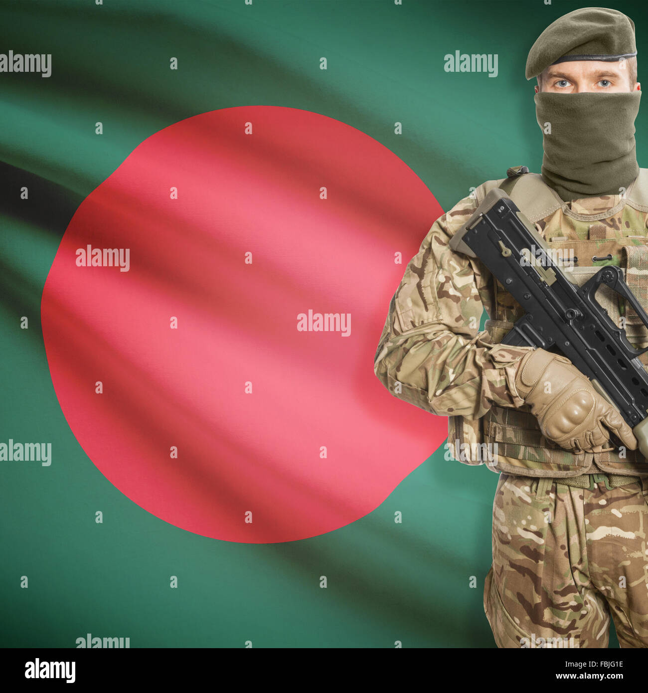 Soldier with machine gun and national flag on background series ...
