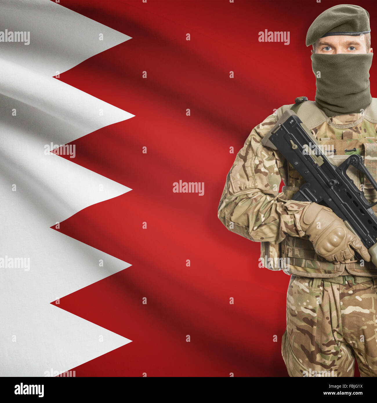 Soldier with machine gun and national flag on background series ...