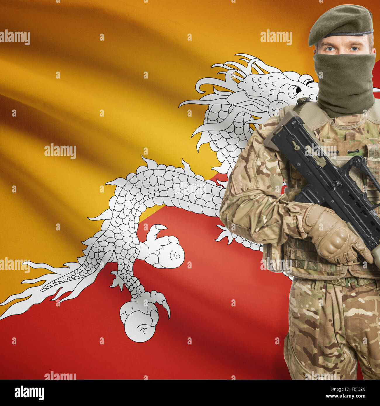 Soldier with machine gun and national flag on background series ...