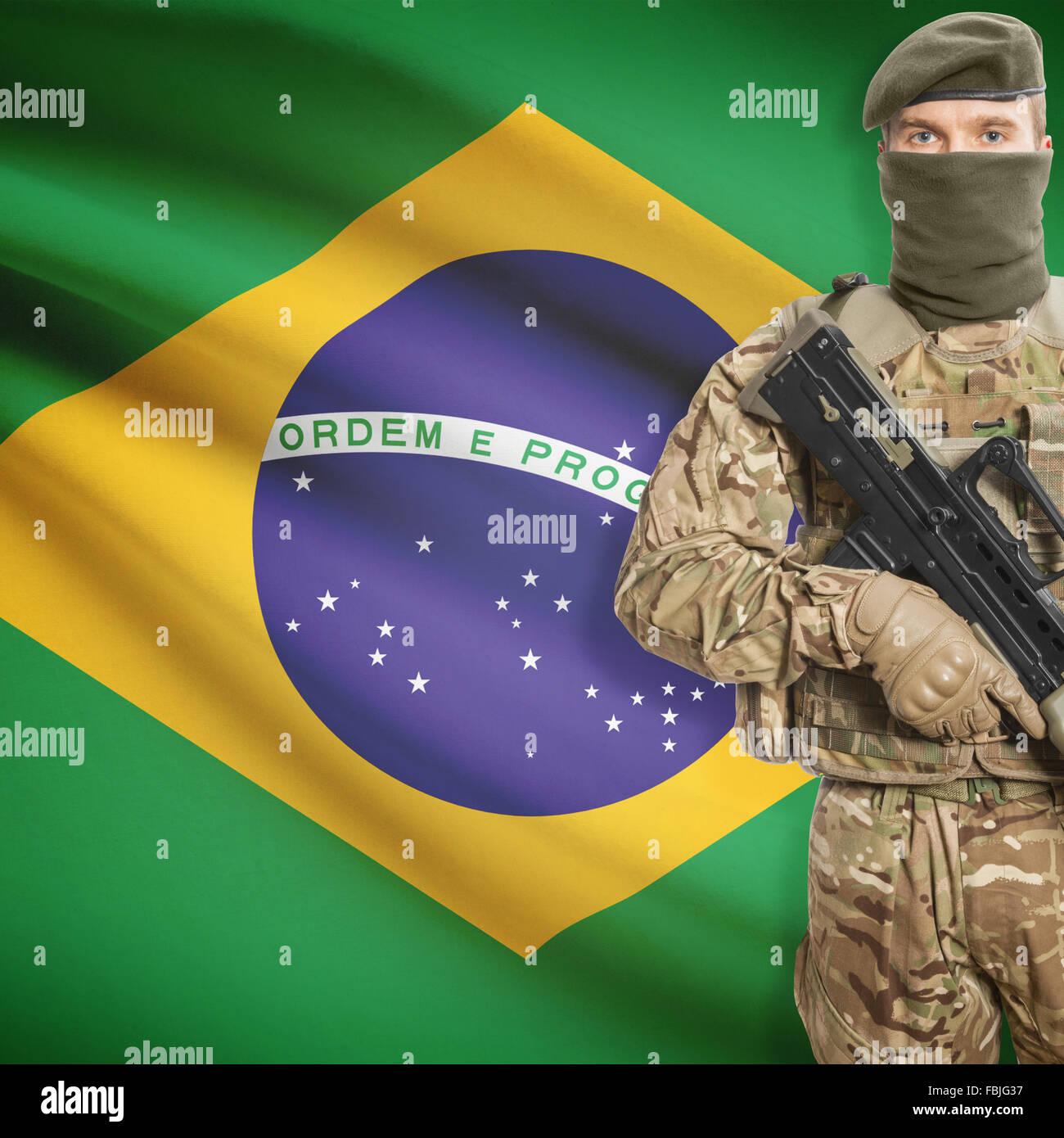 Soldier with machine gun and national flag on background series ...