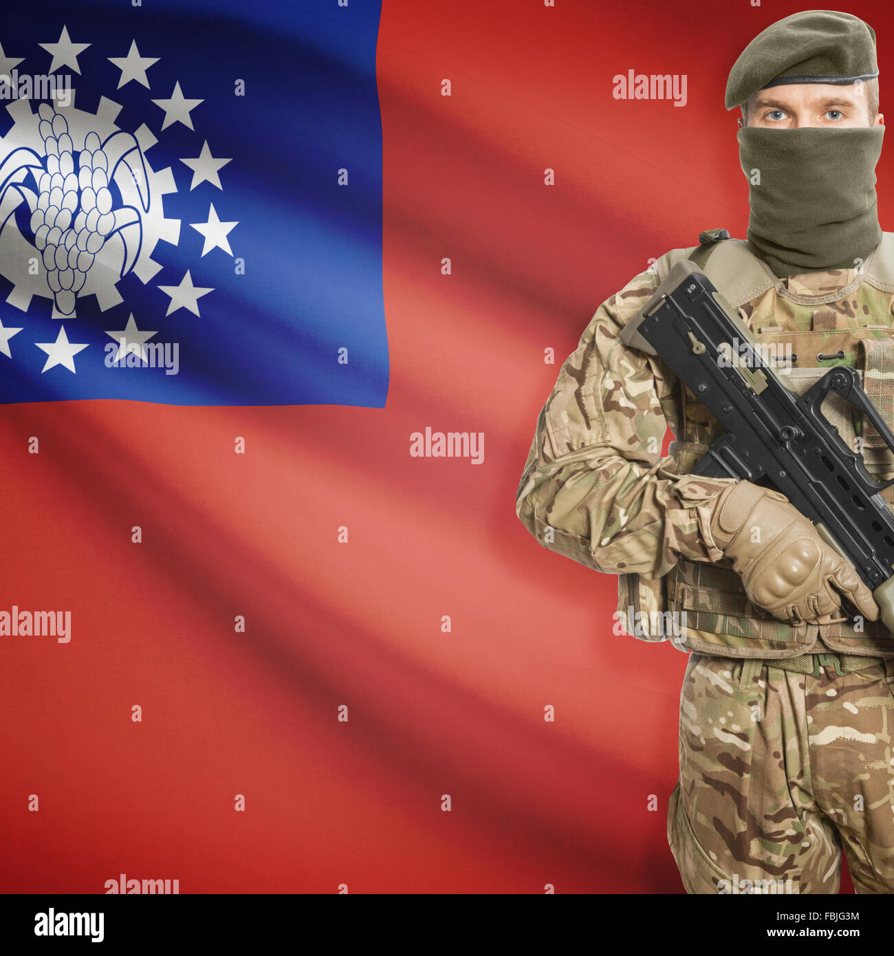 Soldier with machine gun and national flag on background series - Burma ...