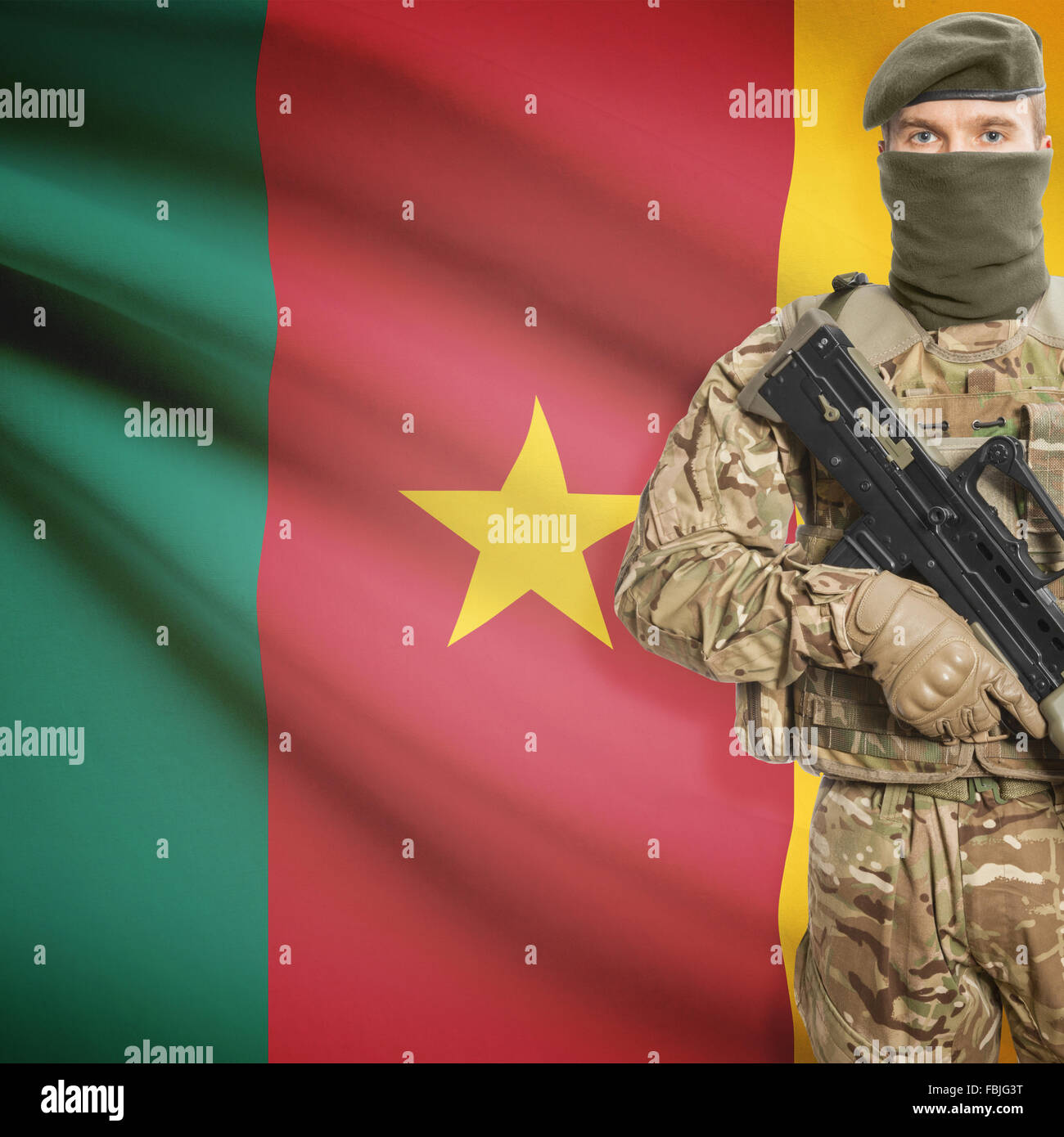 Soldier with machine gun and national flag on background series ...