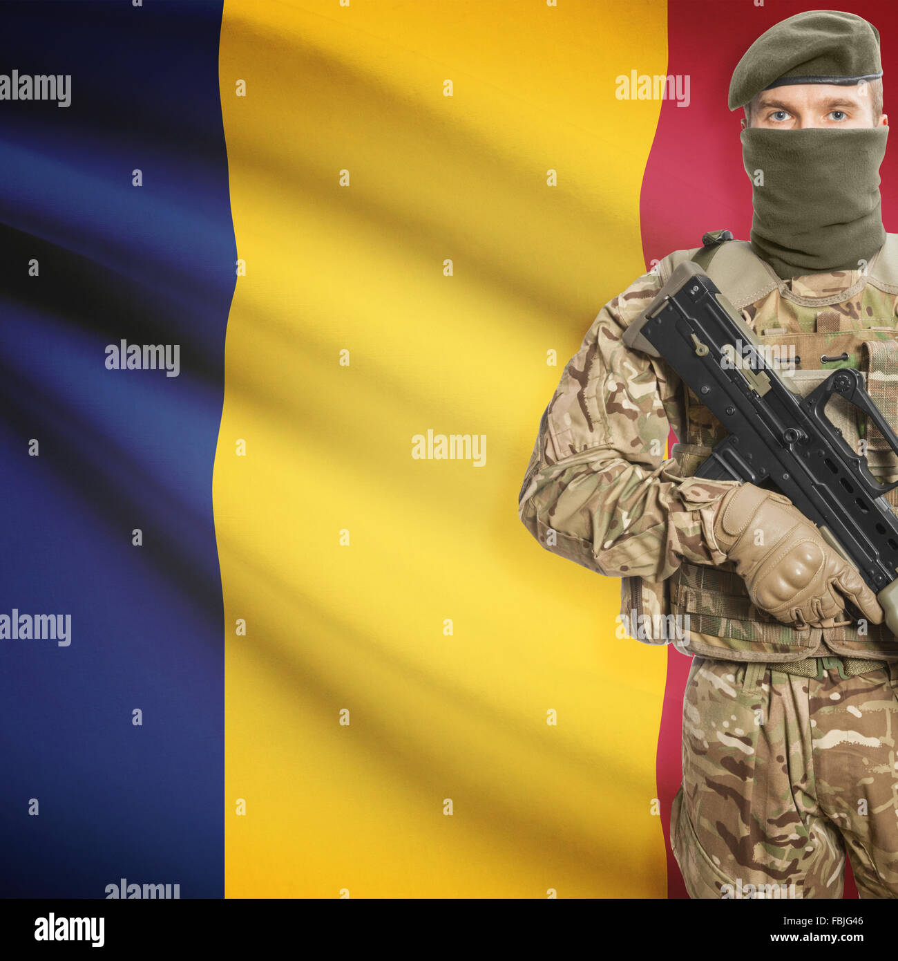 Soldier with machine gun and national flag on background series - Chad ...