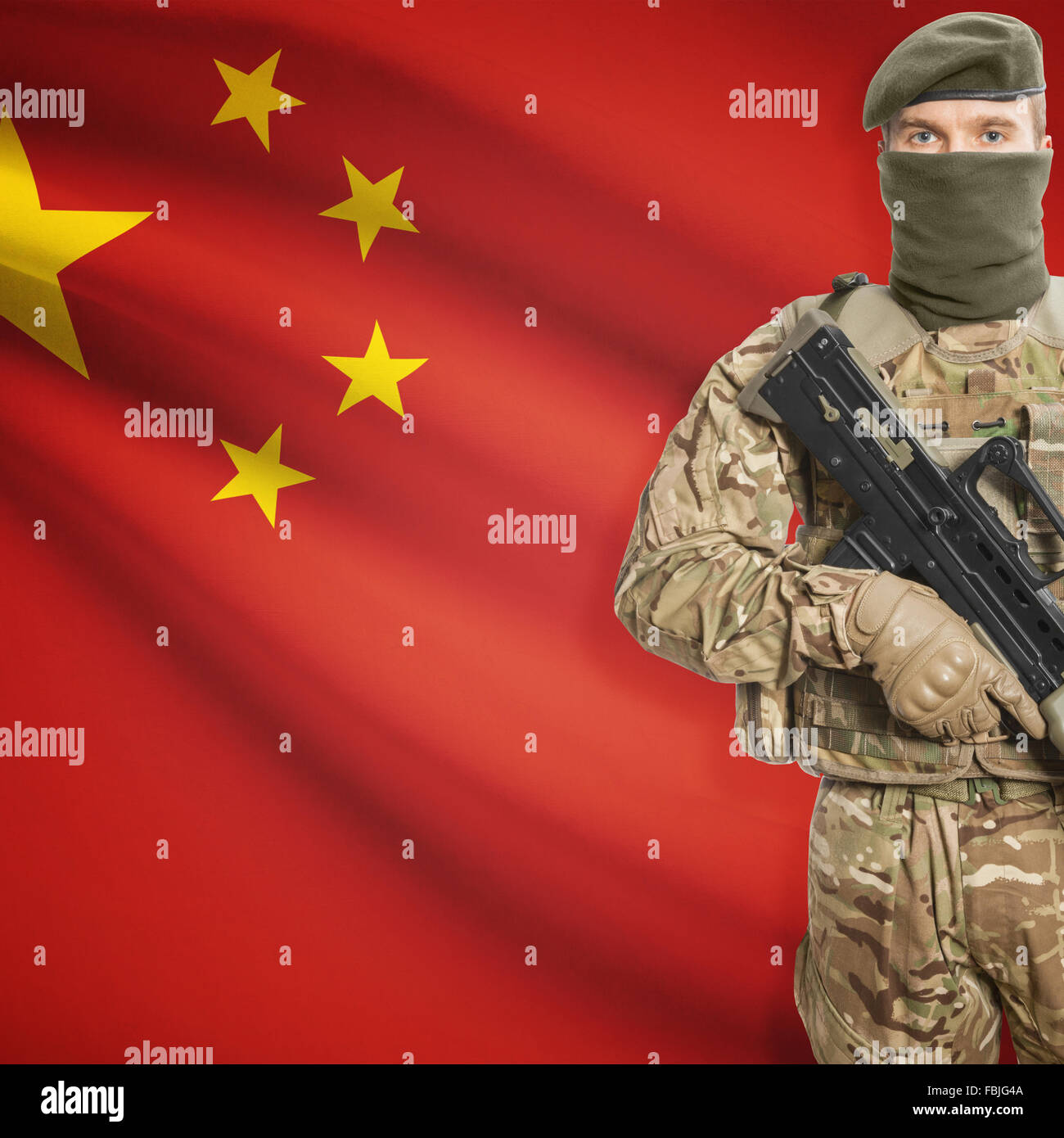 Soldier with machine gun and national flag on background series - China ...
