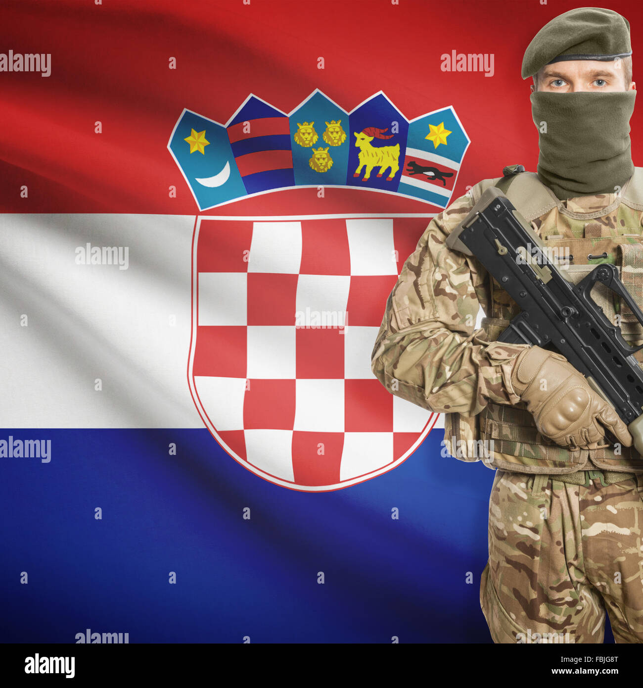 Soldier with machine gun and national flag on background series ...
