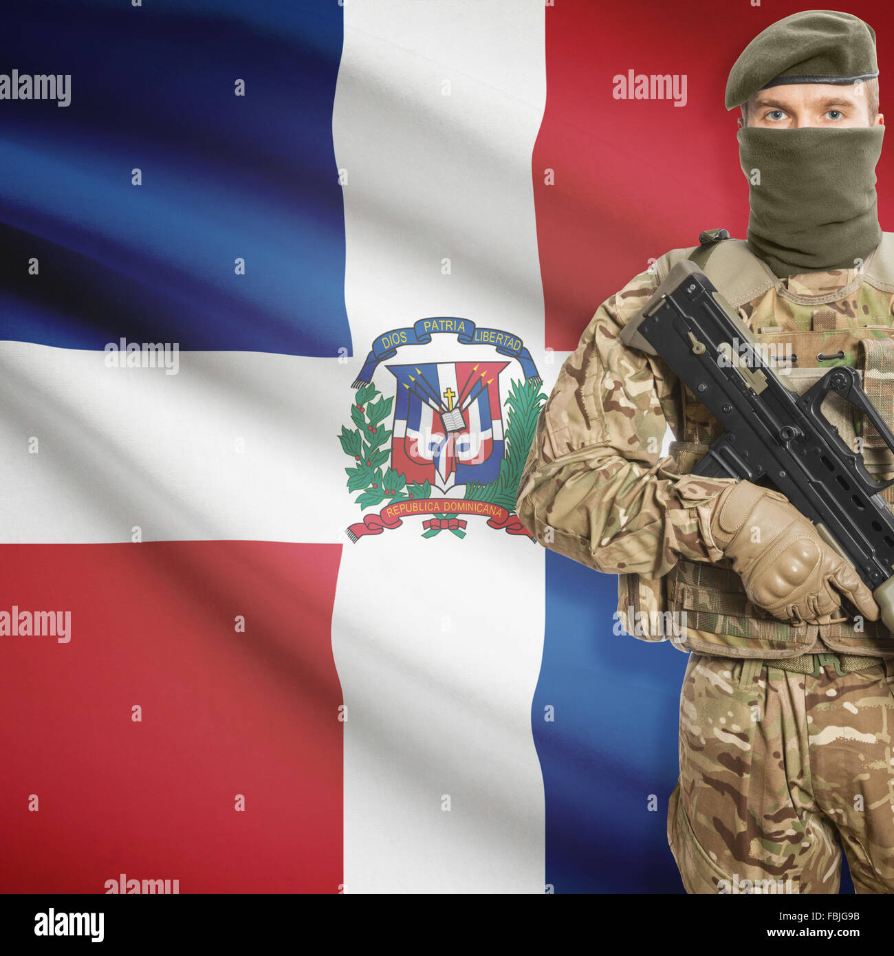 Soldier with machine gun and national flag on background series ...