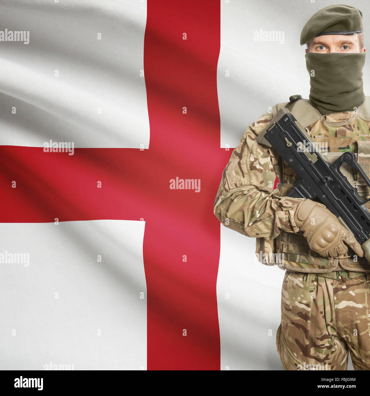 Soldier with machine gun and national flag on background series ...