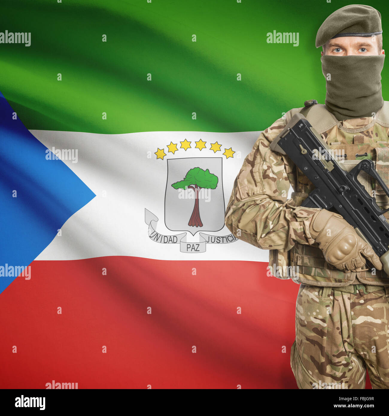Soldier with machine gun and national flag on background series ...