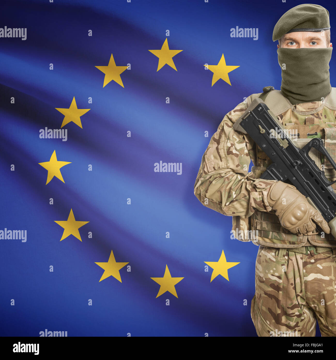 Soldier with machine gun and national flag on background series ...