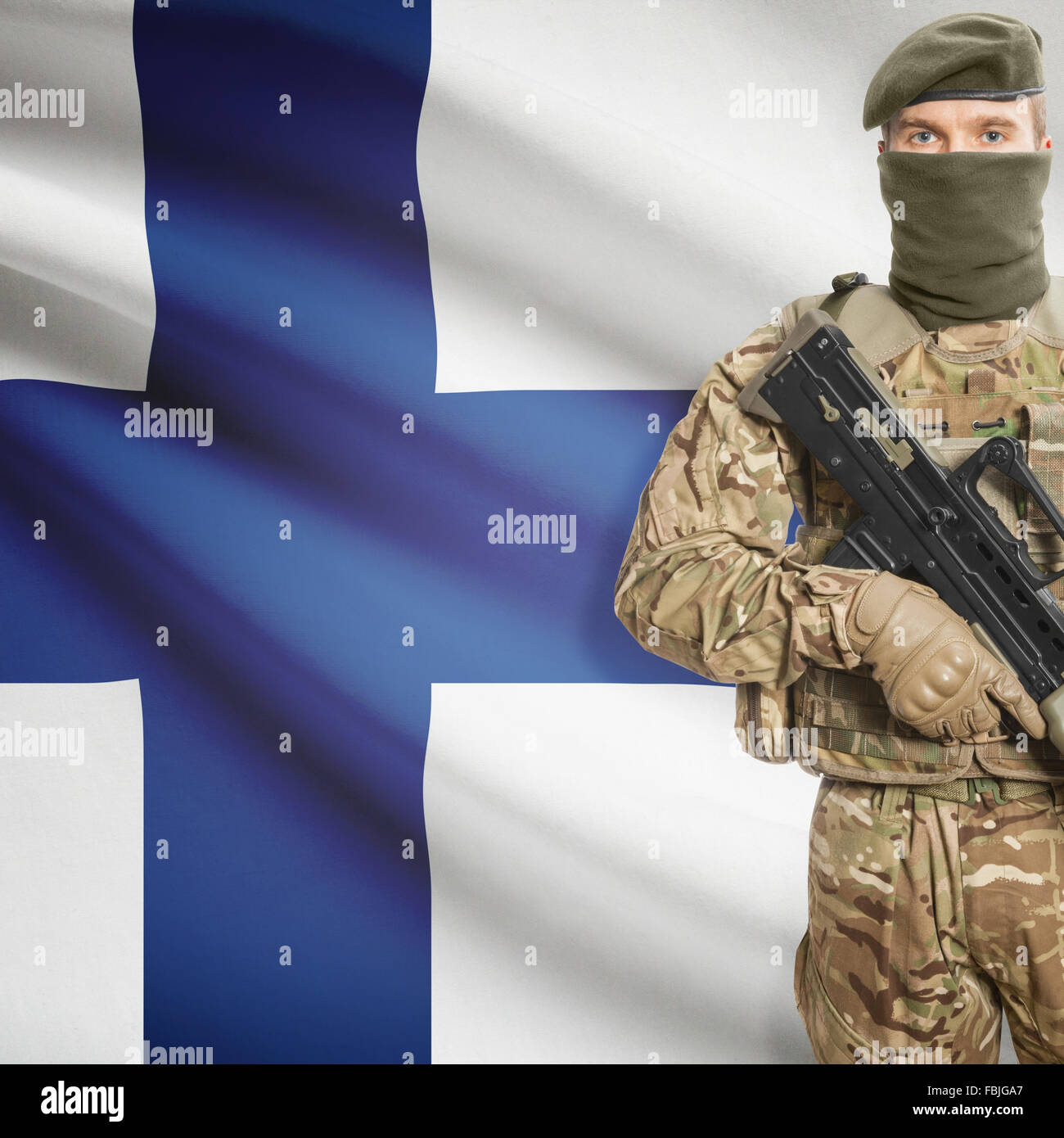 Soldier with machine gun and national flag on background series ...