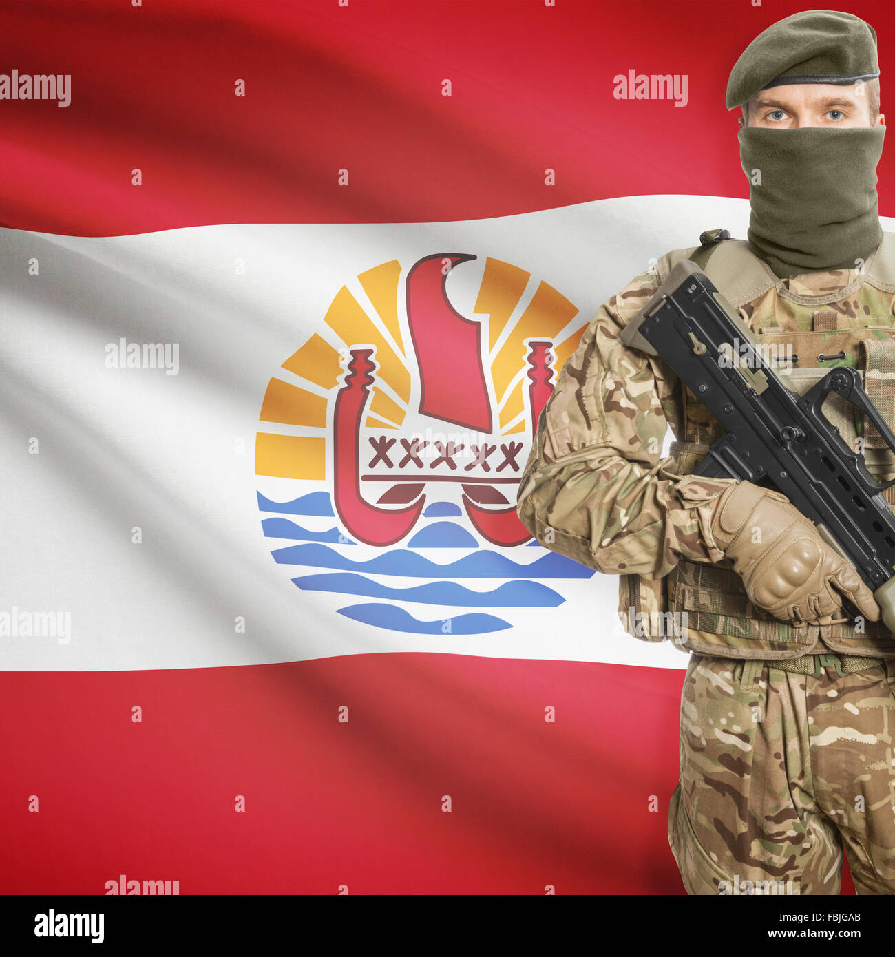 Soldier with machine gun and national flag on background series ...