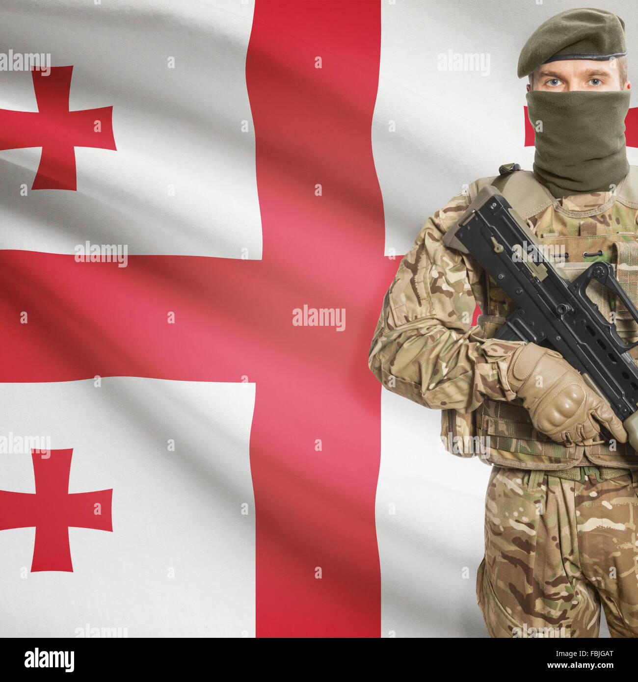 Soldier with machine gun and national flag on background series ...