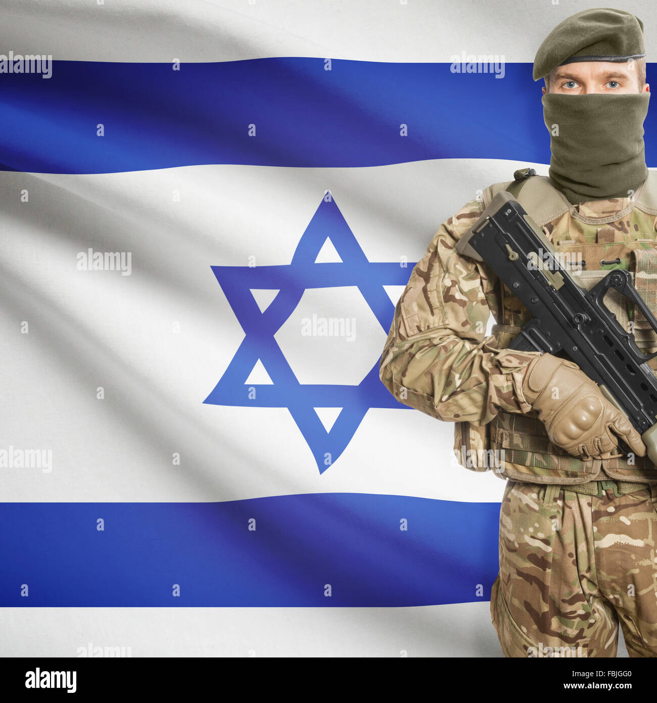 Soldier with machine gun and national flag on background series ...