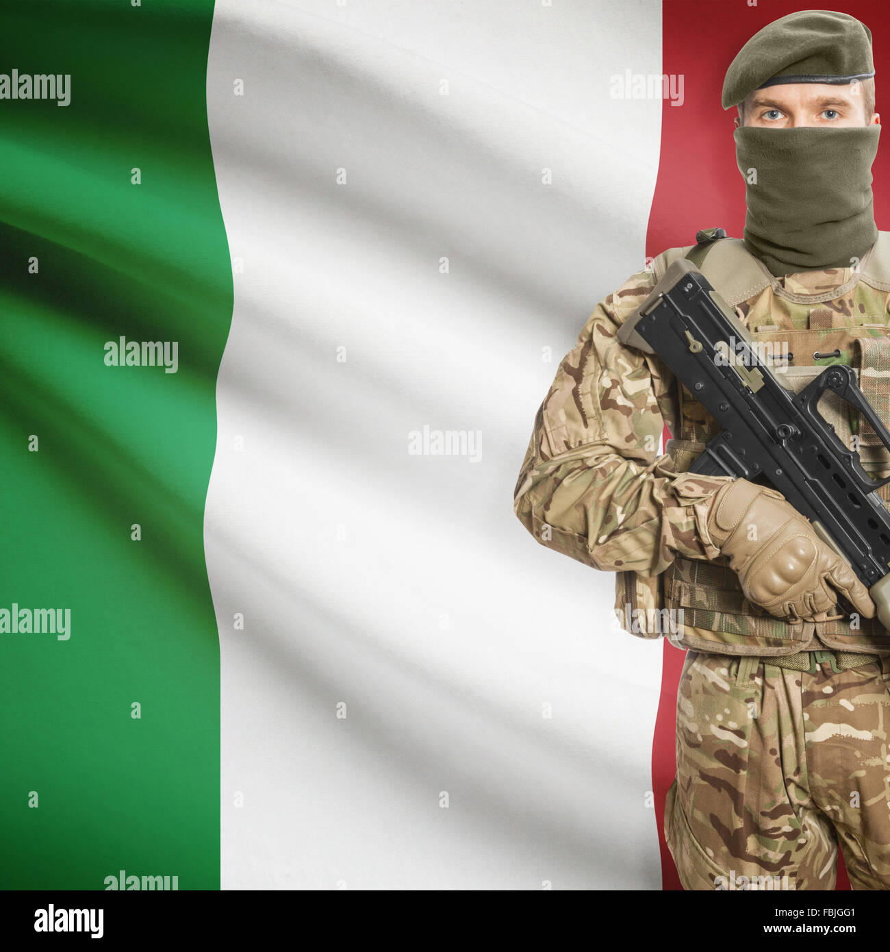 Soldier with machine gun and national flag on background series - Italy ...