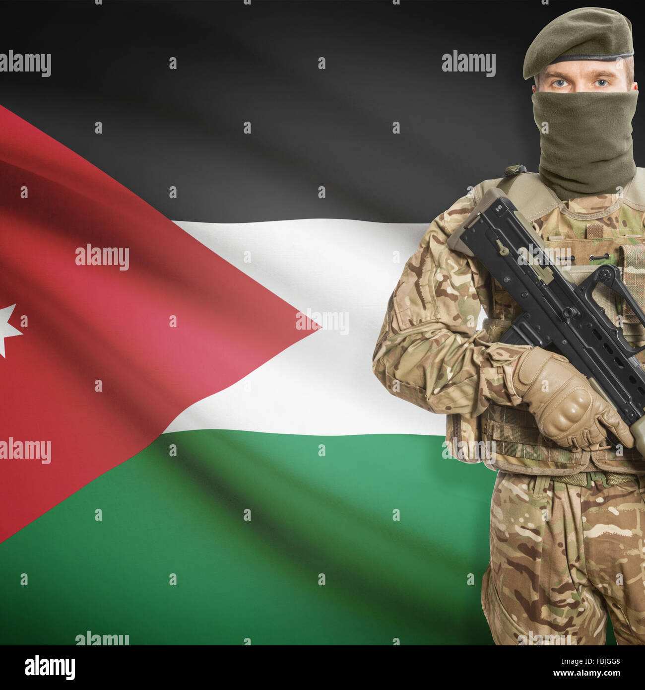 Soldier with machine gun and national flag on background series ...